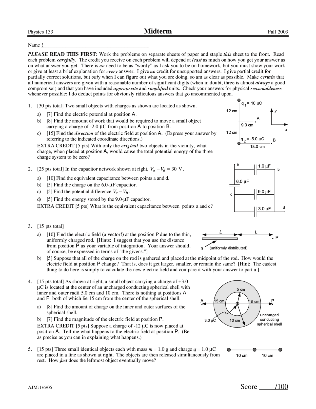 Physics Midterm Exam for Fall 2003 - Electric Potential and Electric Field | Exams Physics | Docsity