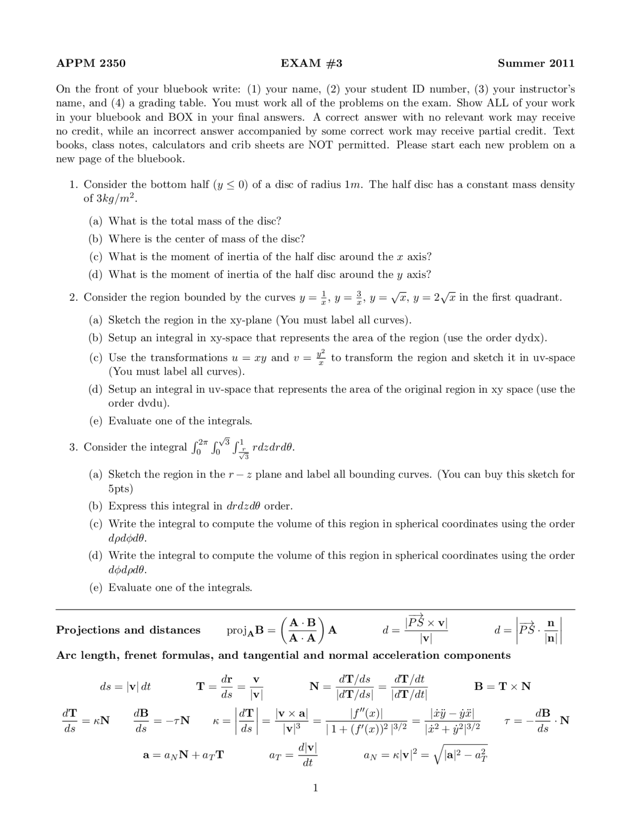 Total Mass Calculus Three Exam Docsity