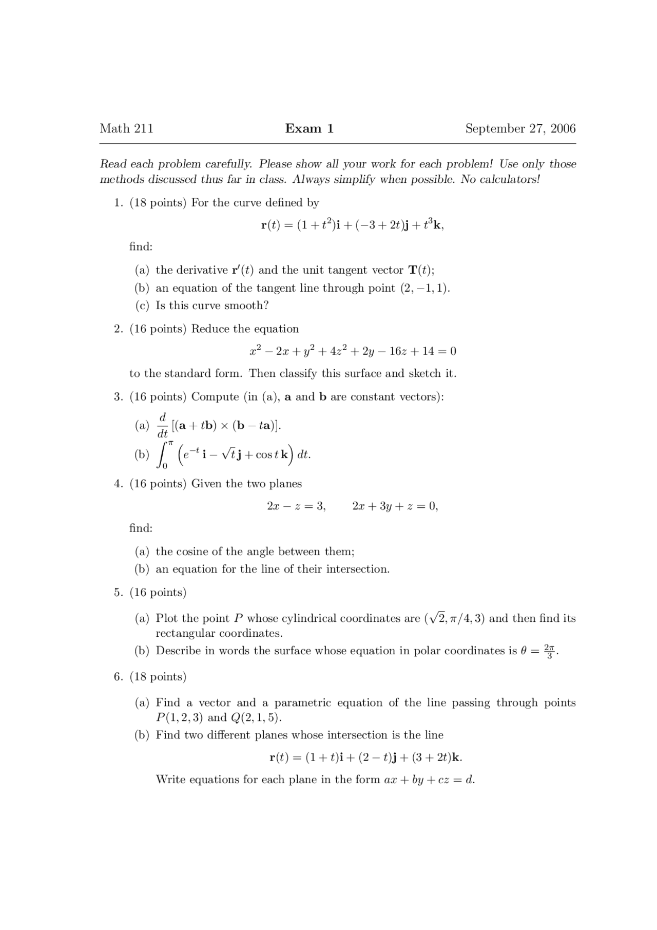 Curve Honors Calculus Exam Docsity