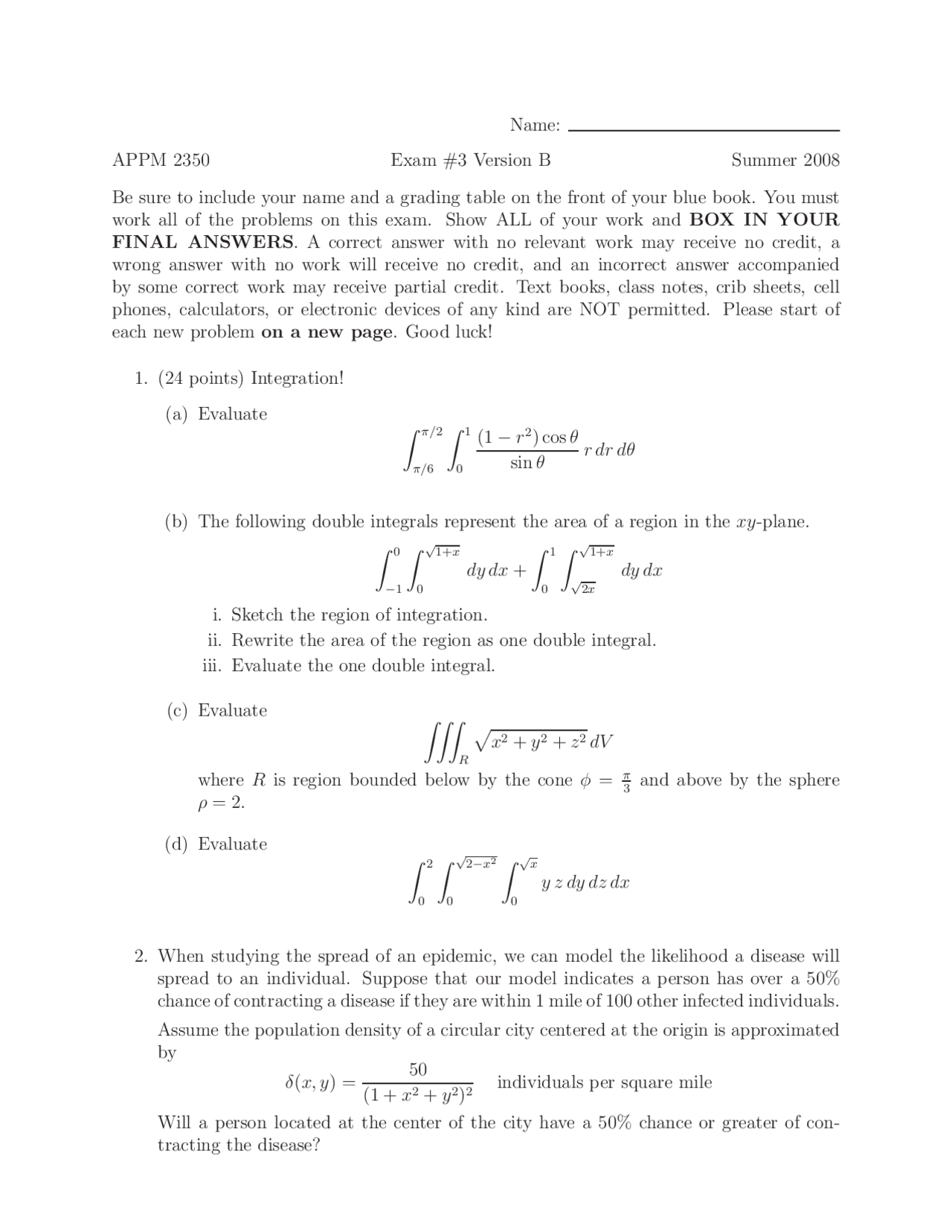 Integration Calculus Three Exam Docsity