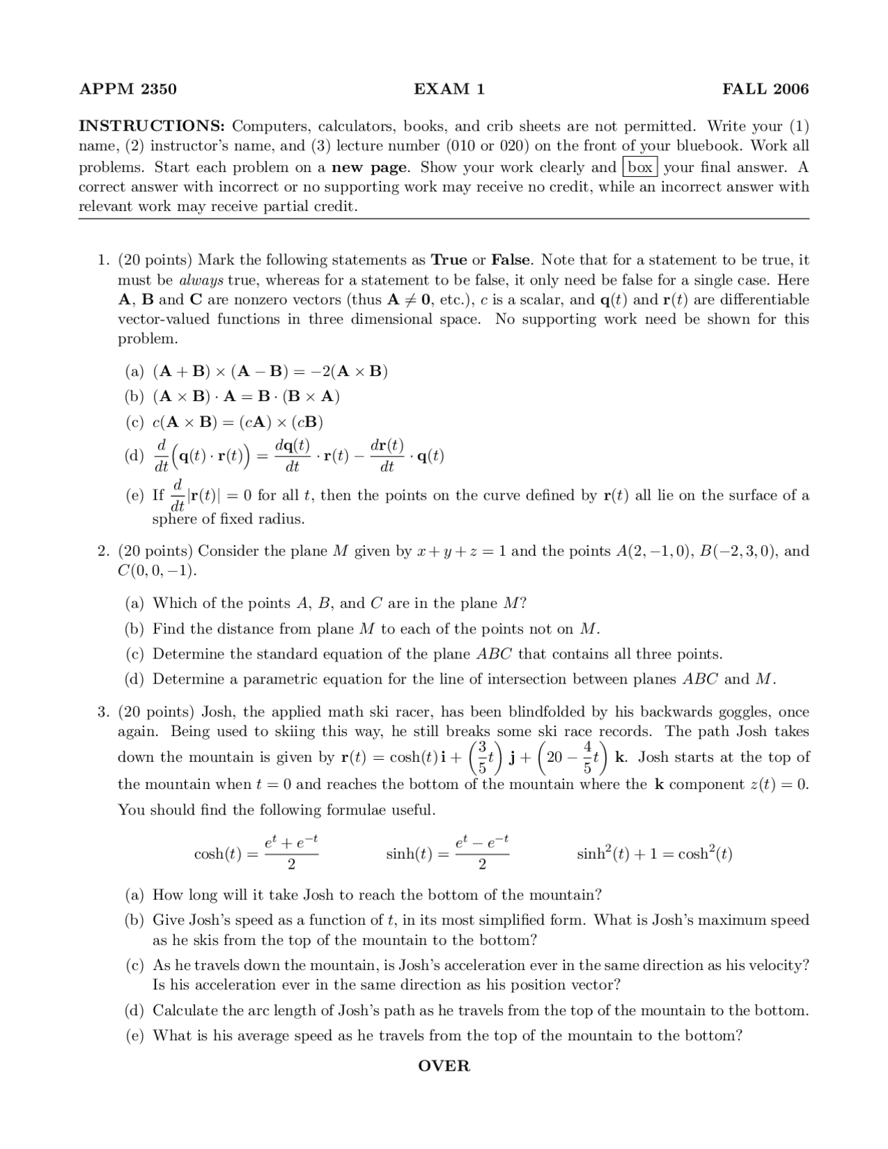 Vector Valued Functions Calculus Three Exam Docsity