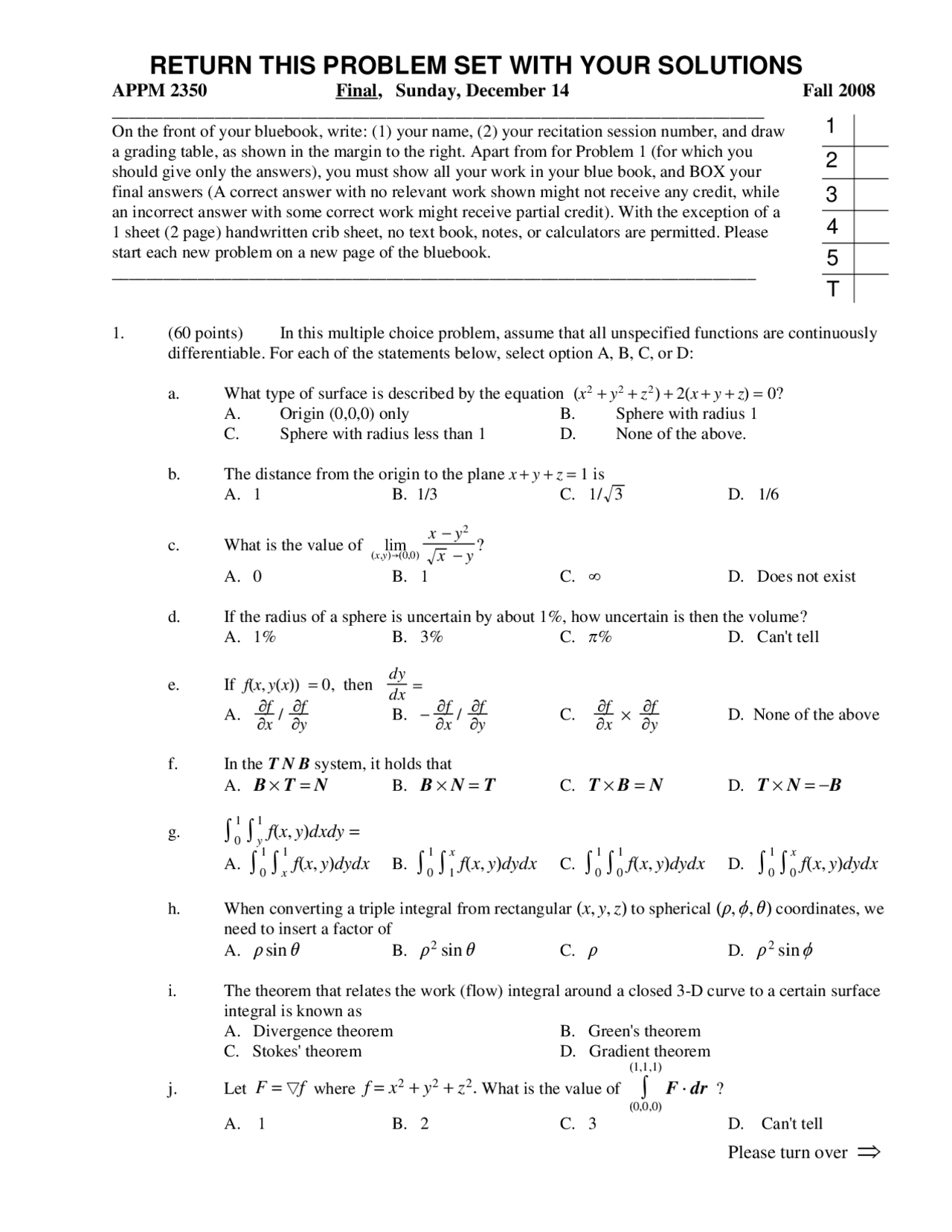 Radius Calculus Three Exam Docsity