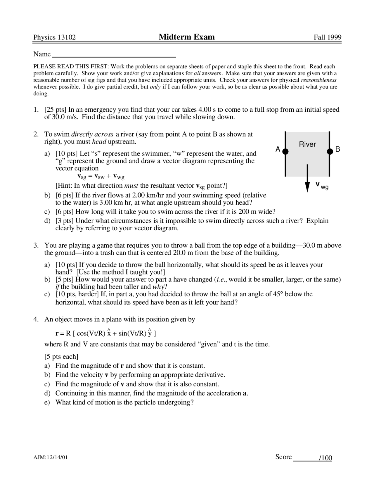 Vector Equation General Physics Past Paper Docsity