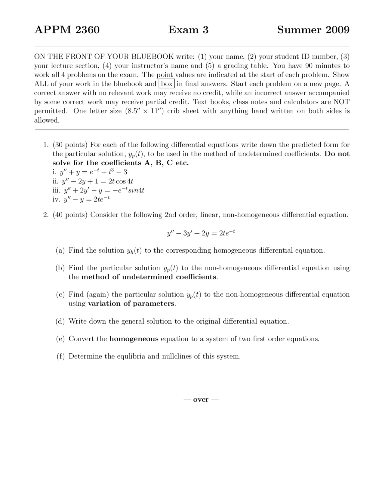 Coefficients Differential Equations And Linear Algebra Exam Docsity