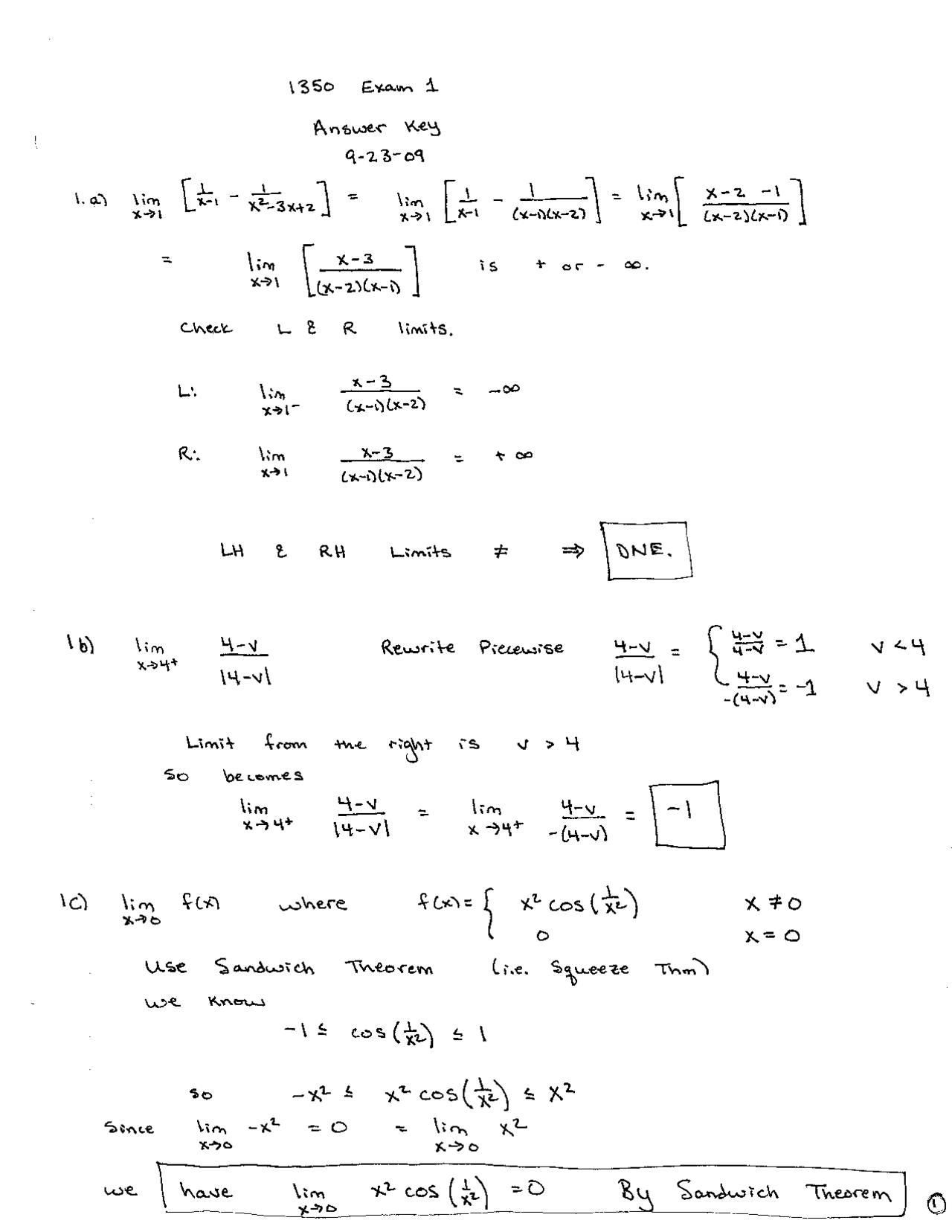 Requested Limits - Calculus One for Engineers - Solved Exam - Docsity