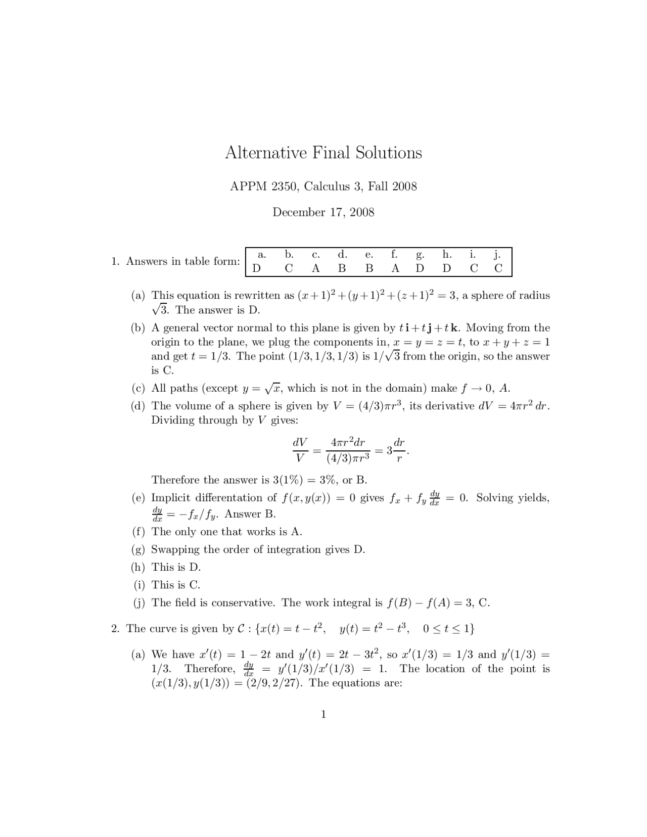 Radius - Calculus Three - Solved Exam - Docsity