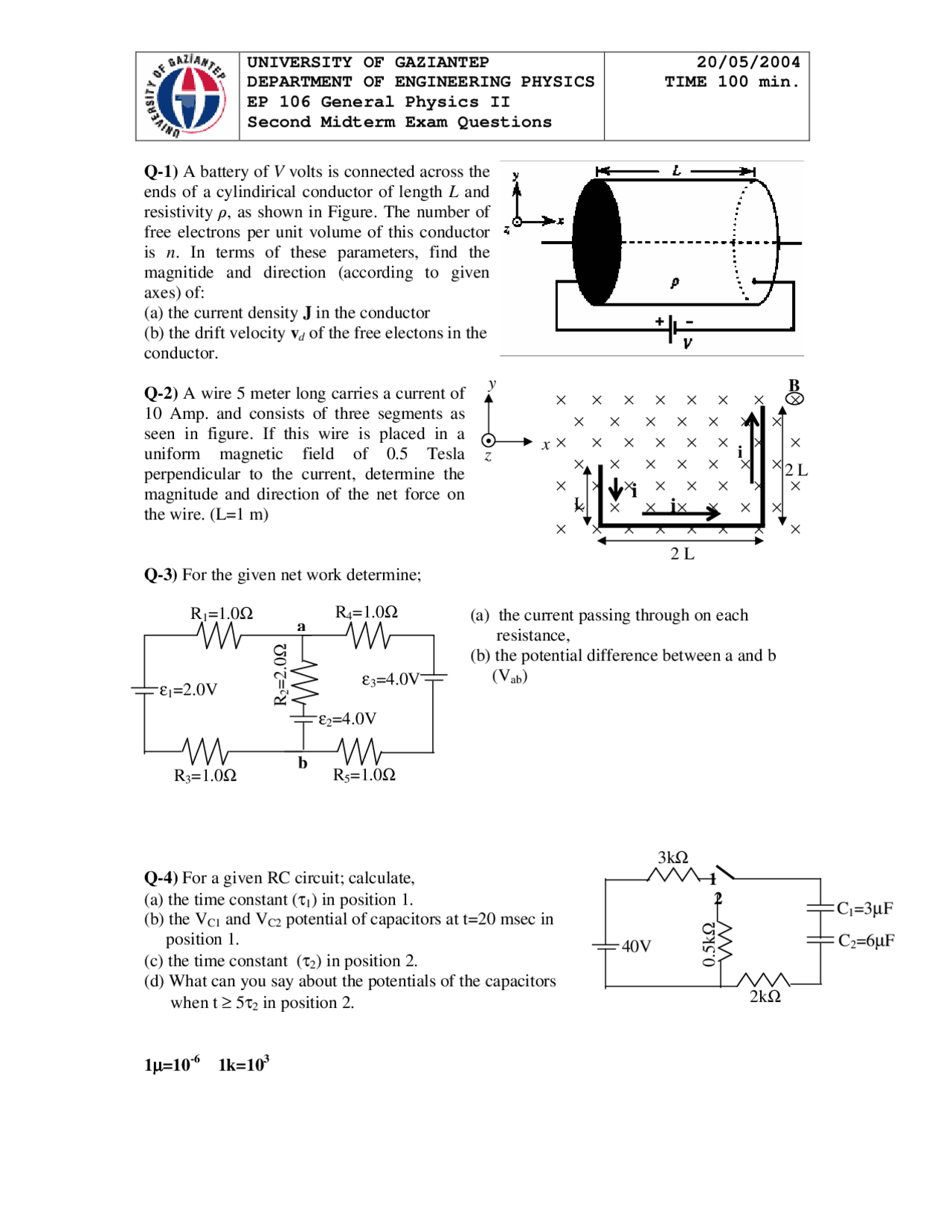 Free Electrons - General Physics - Past Paper - Docsity
