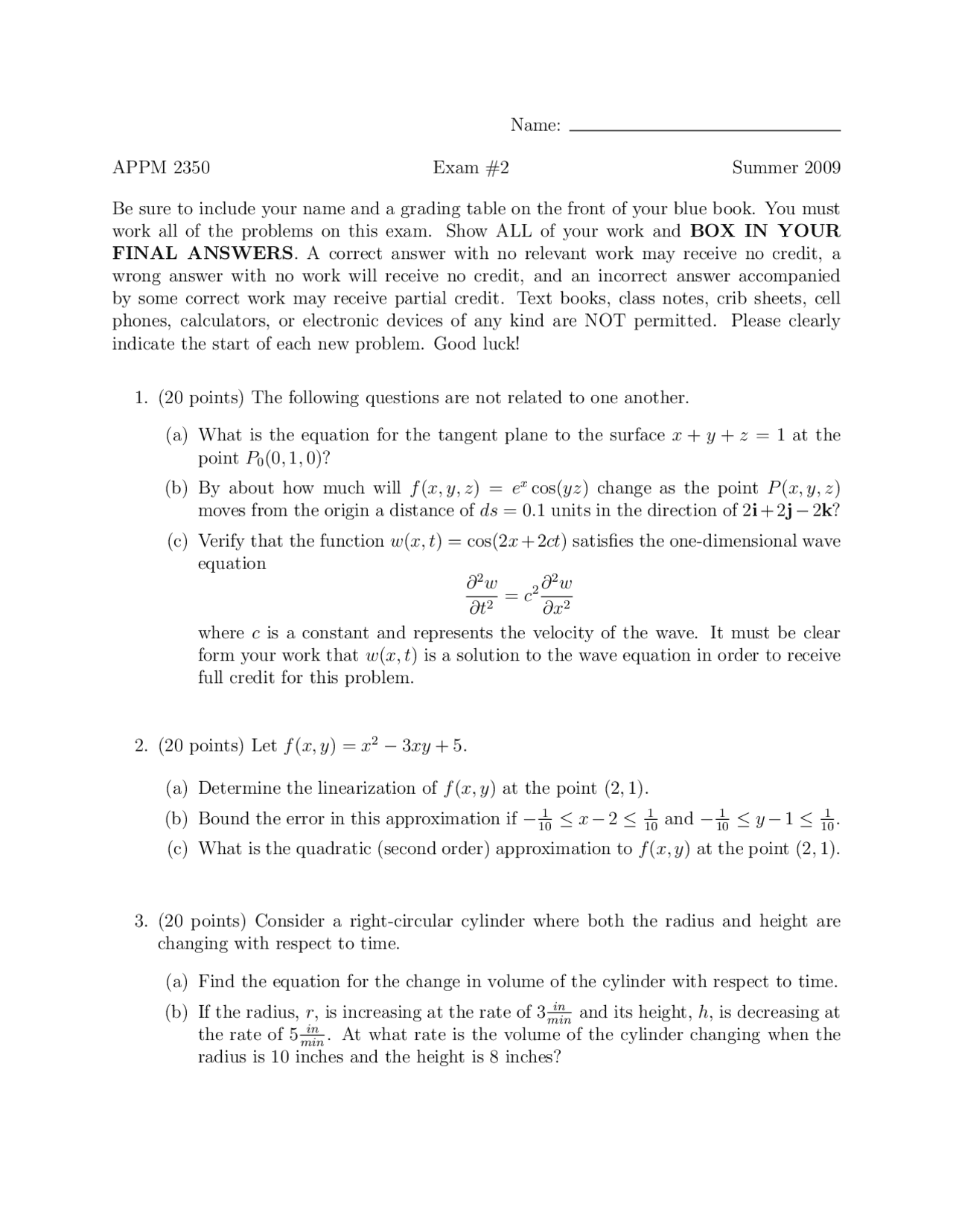 Origin - Calculus Three - Exam - Docsity
