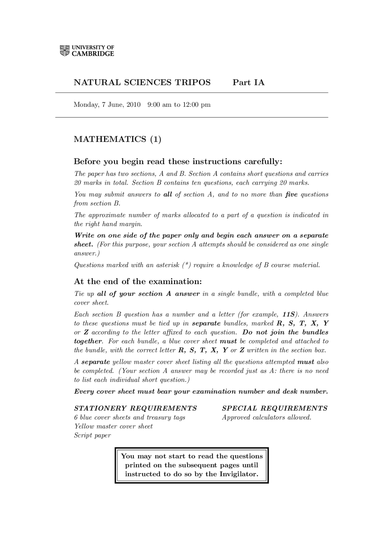 Calculate Mathematics With Natural Sciences Exam Docsity