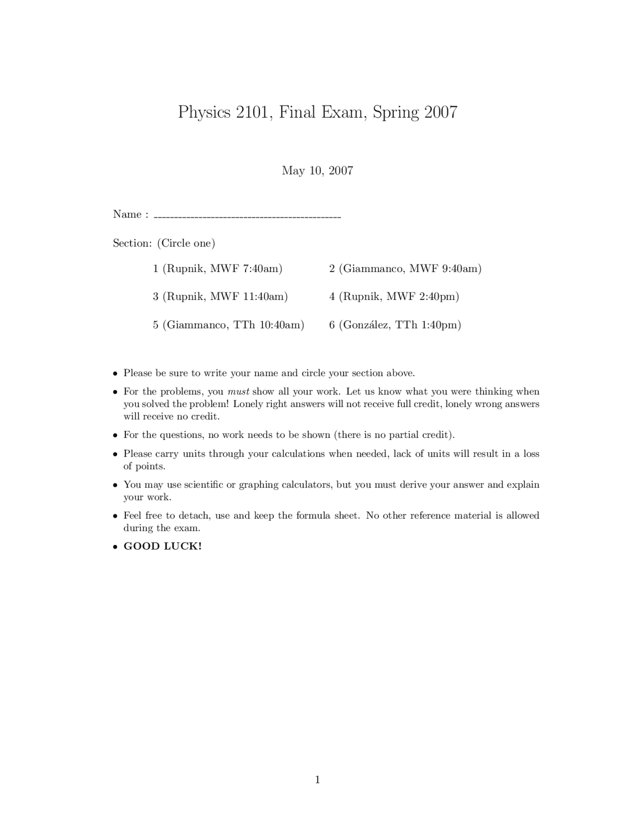 Numerical Constants - General Physics - Past Paper - Docsity