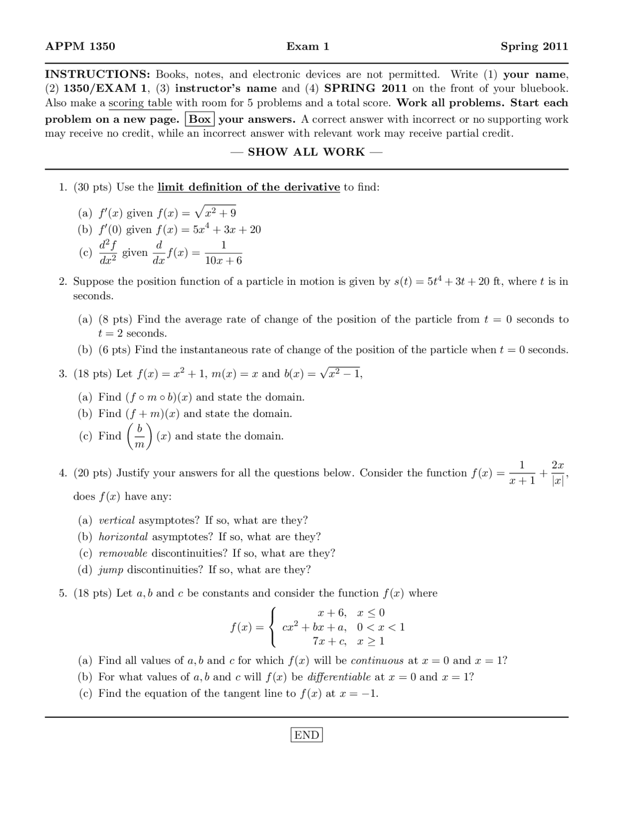 Position Function Calculus One For Engineers Exam Docsity
