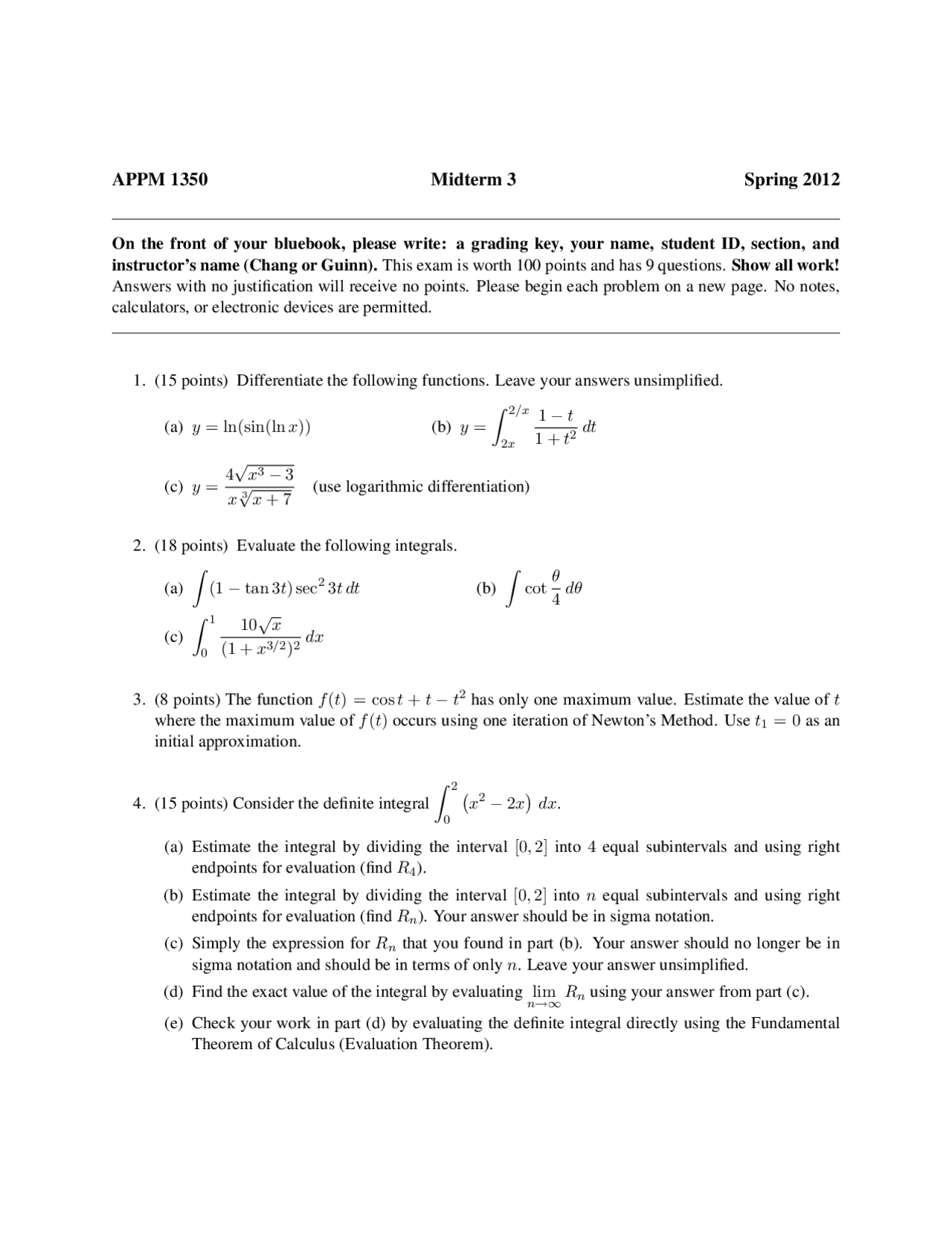 Logarithmic - Calculus One for Engineers - Exam | Exams Calculus for Engineers | Docsity