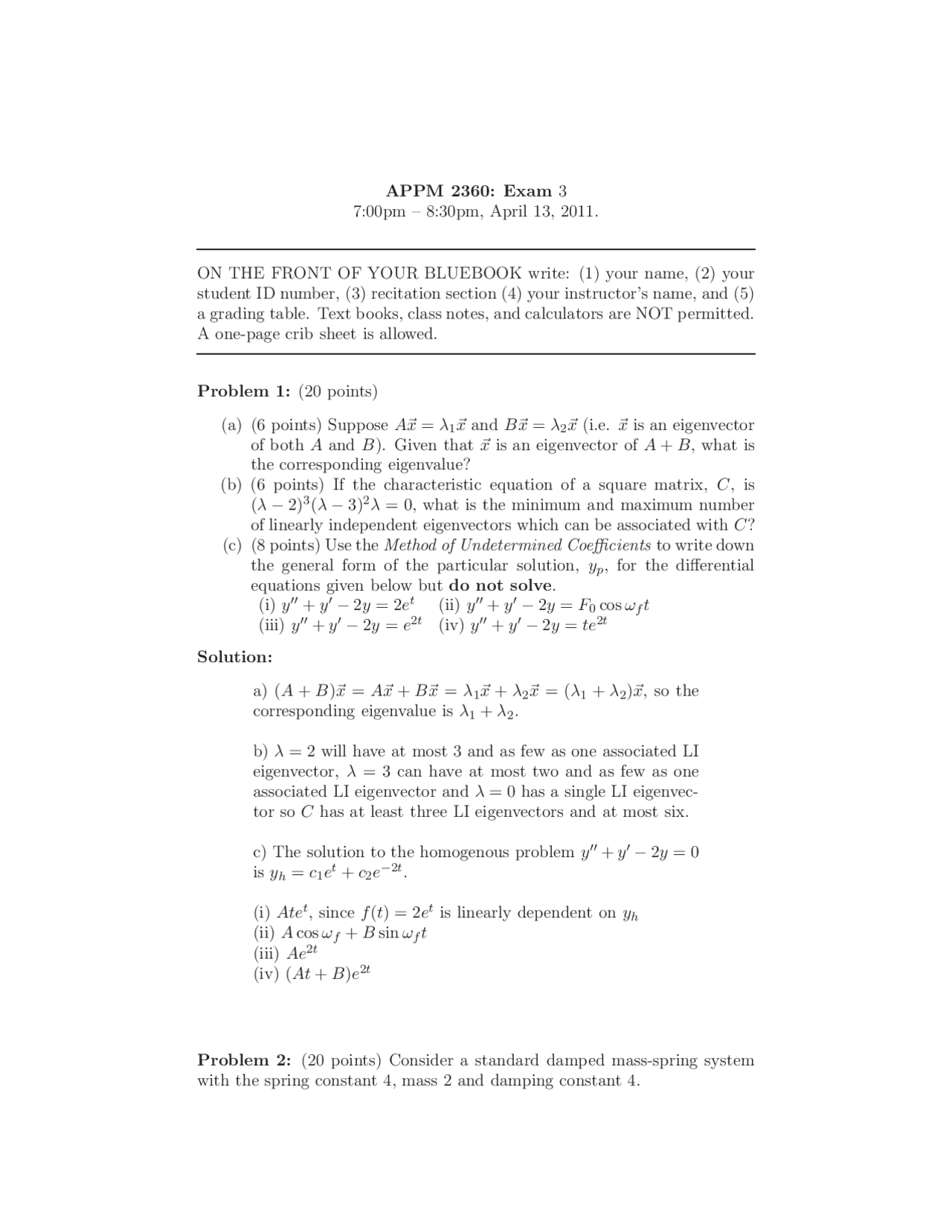 Dimension Differential Equations And Linear Algebra Solved Exam