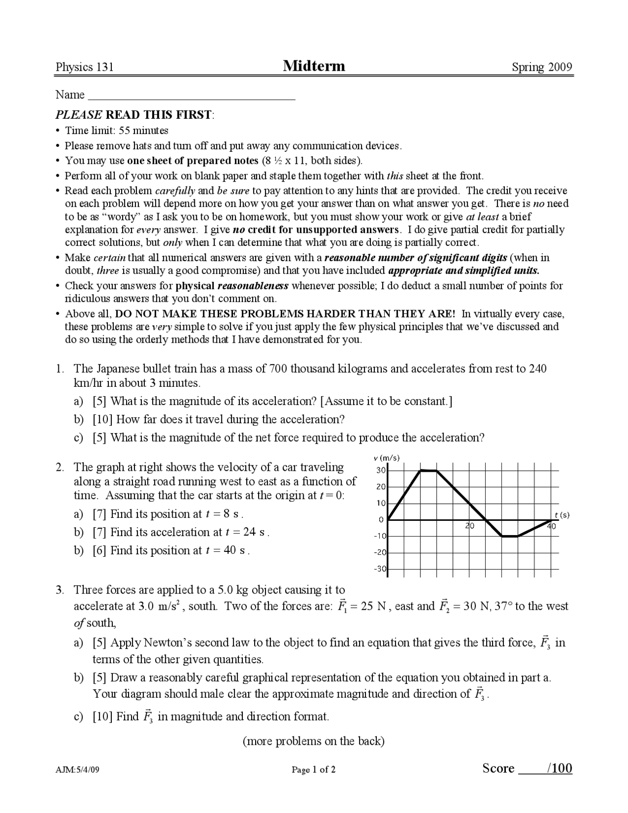 Graphical Representation - General Physics - Past Paper - Docsity
