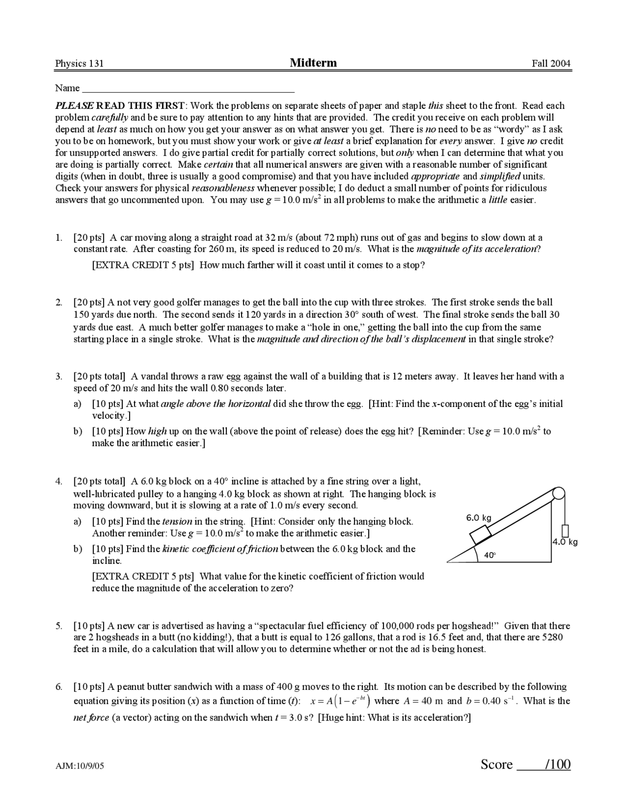 Magnitude Of Acceleration General Physics Past Paper Docsity