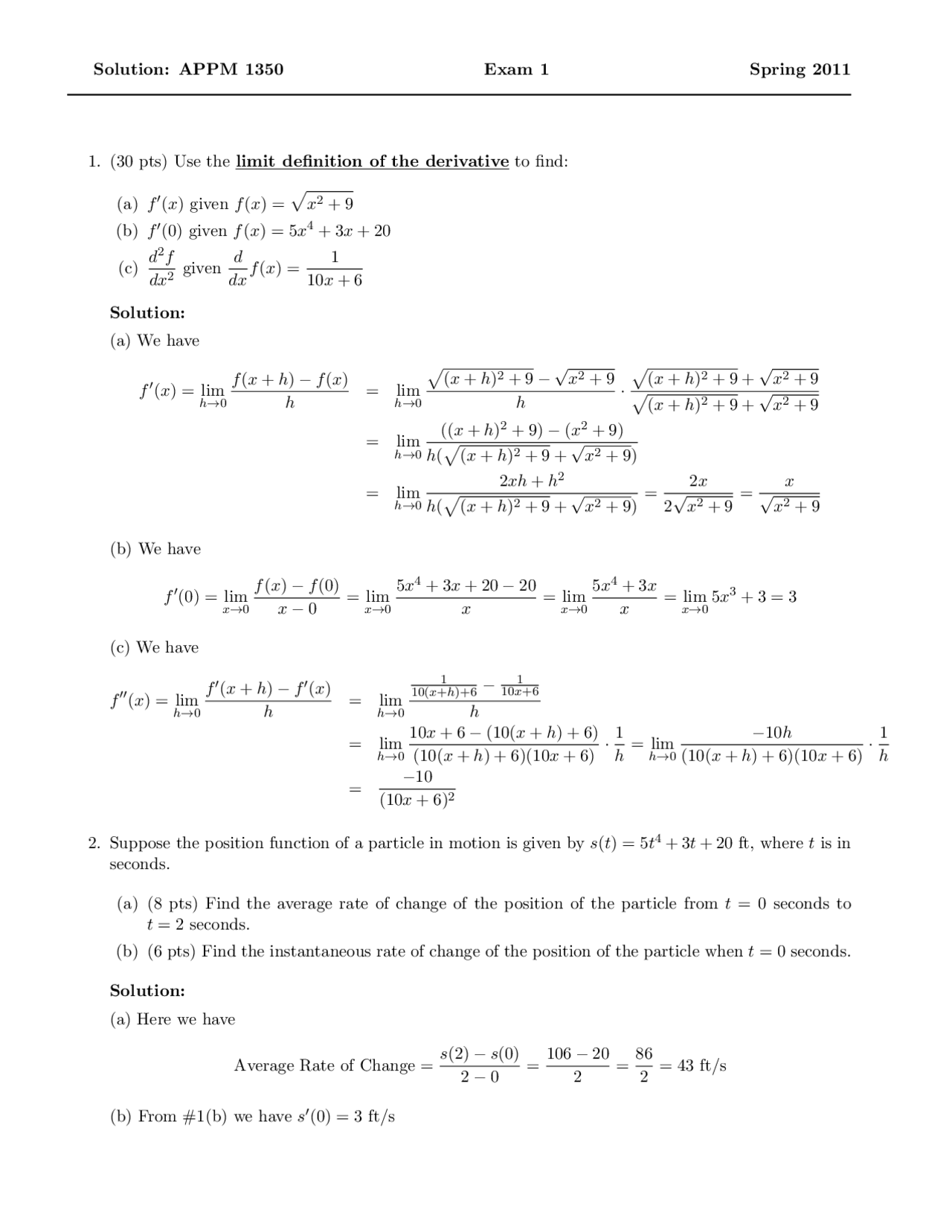Position Function Calculus One For Engineers Solved Exam Docsity