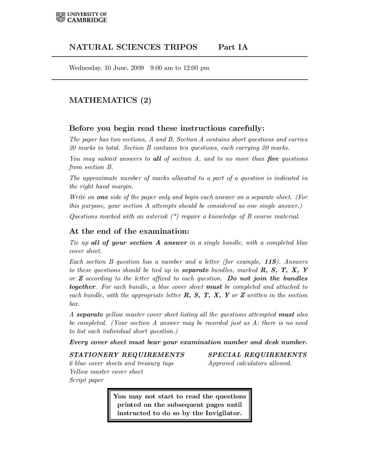 Non Parallel Mathematics With Natural Sciences Exam Docsity