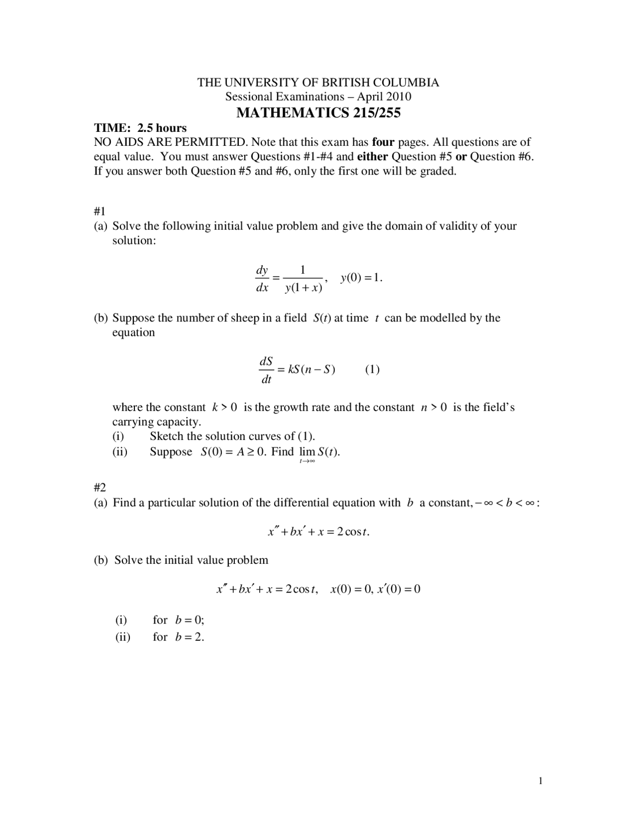 Initial Value Ordinary Differential Equations Exam Docsity