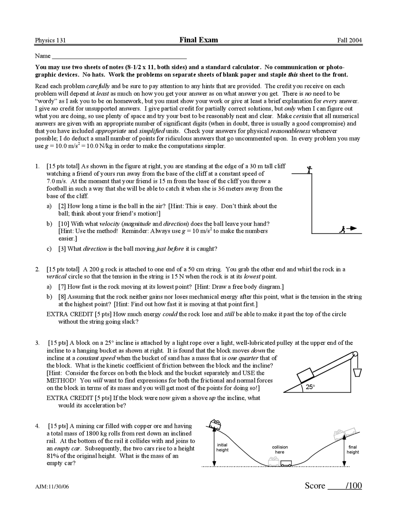 Mechanical Energy - General Physics - Past Paper - Docsity