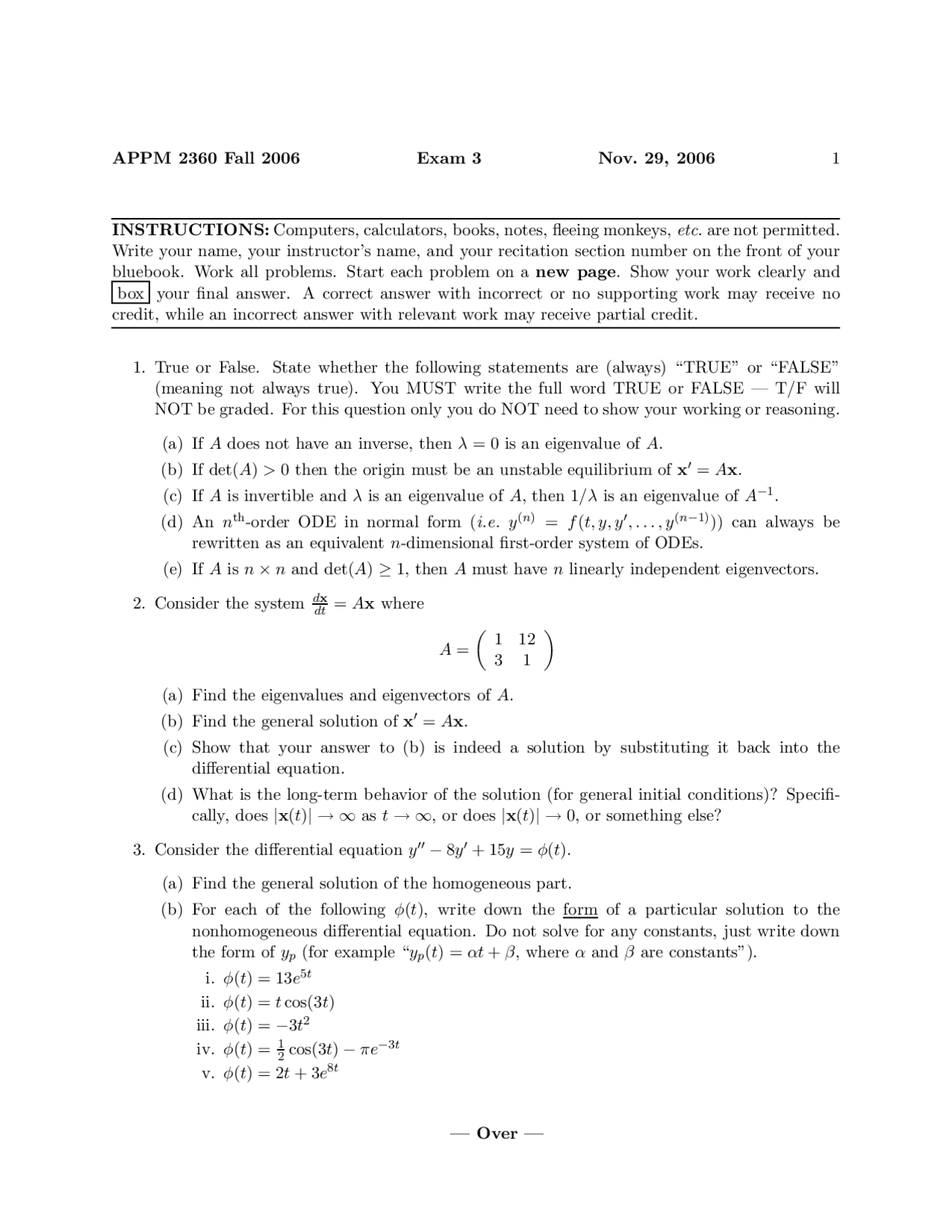 Function Differential Equations And Linear Algebra Exam Docsity