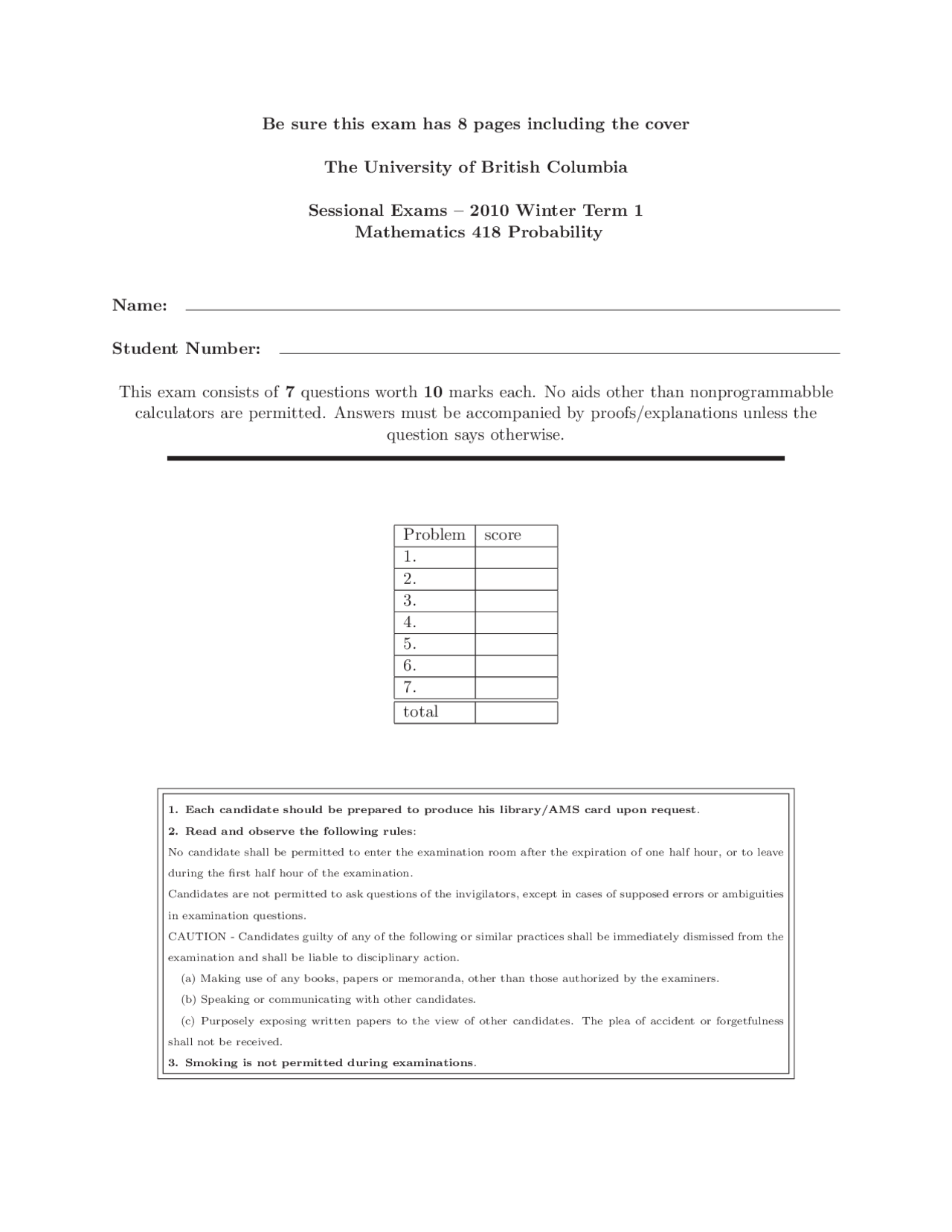 Random Variables - Probability - Exam - Docsity