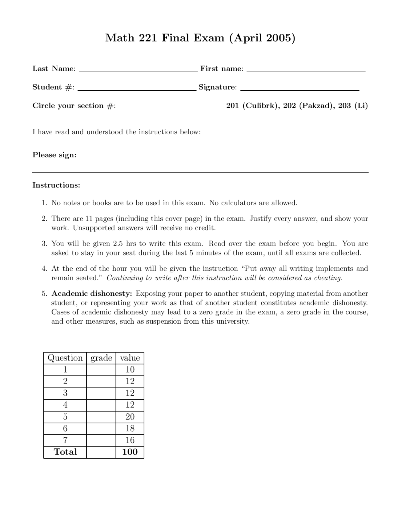 Linear Transformation Matrix Algebra Exam Docsity