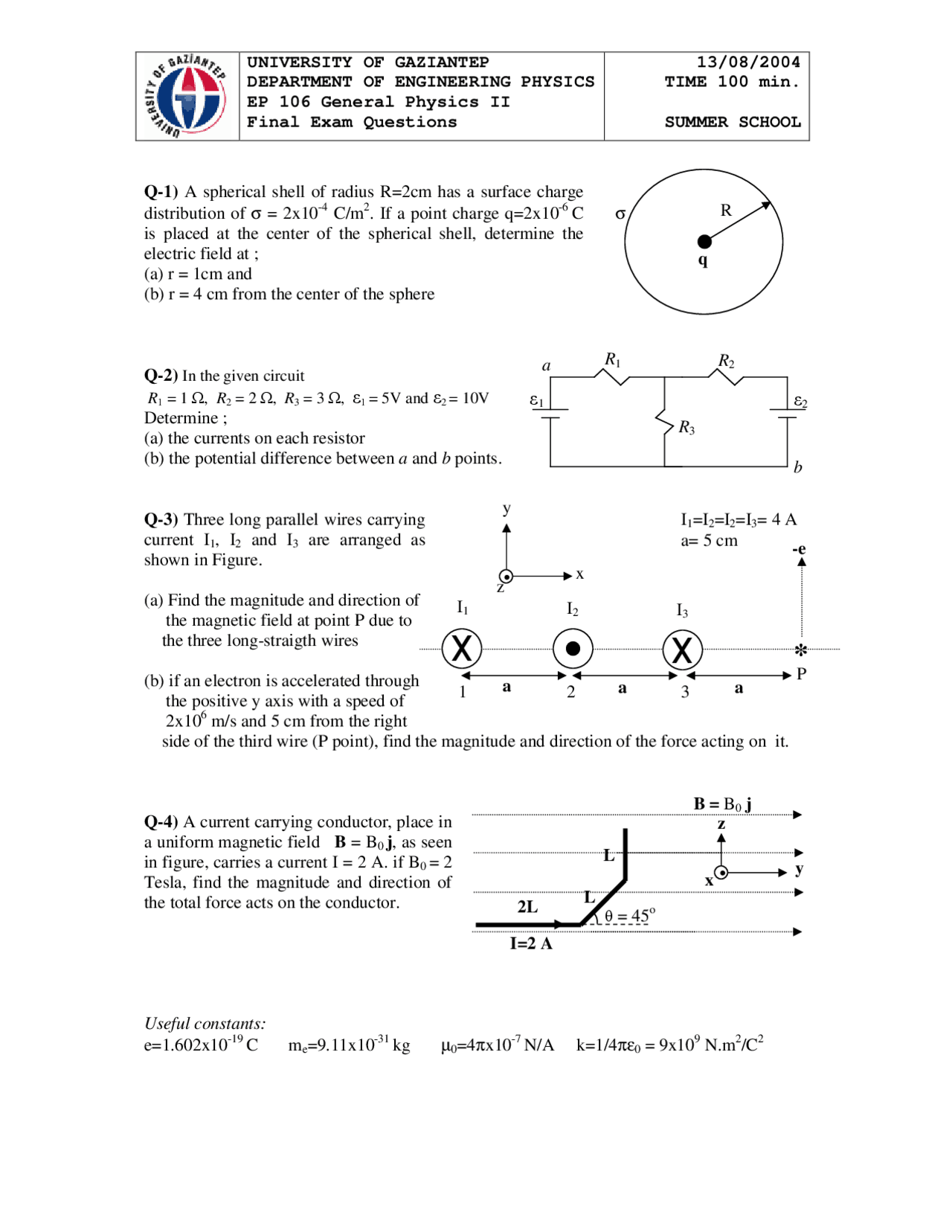 Three Long Straigth Wires - General Physics - Past Paper - Docsity
