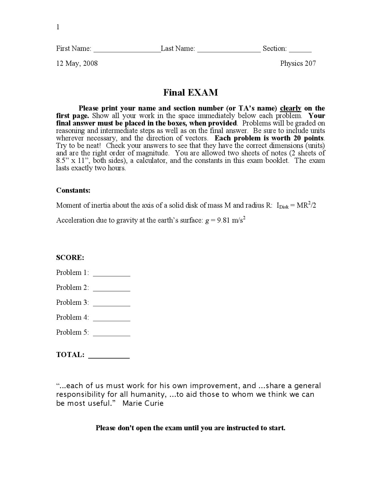 Value of Maximum Force - General Physics - Past Paper | Exams Physics | Docsity