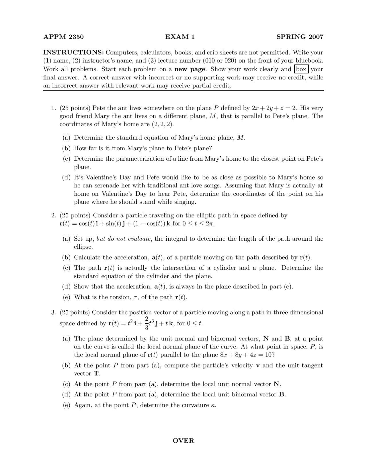 Parameterization - Calculus Three - Exam - Docsity