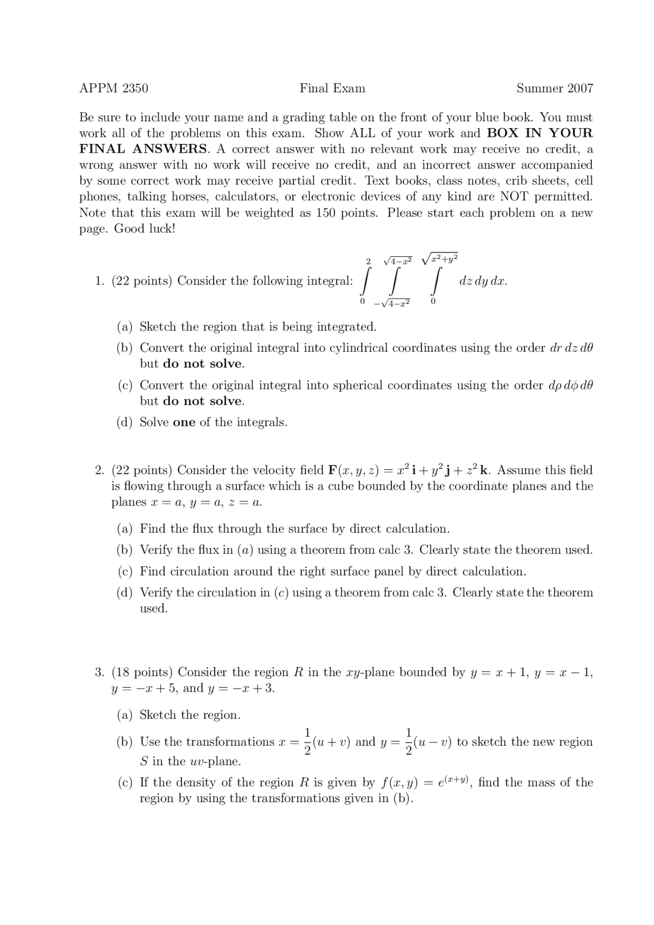 Original Integral Calculus Three Exam Docsity
