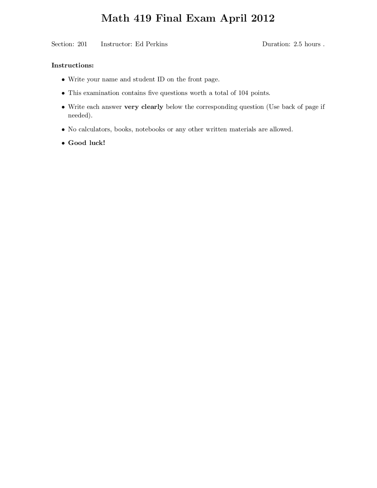 Markov Chain Stochastic Processes Exam Docsity