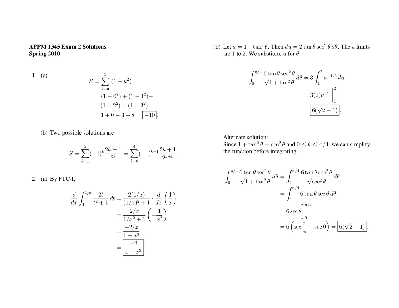 Average Value - Calculus One - Solved Exam | Exams Calculus - Docsity