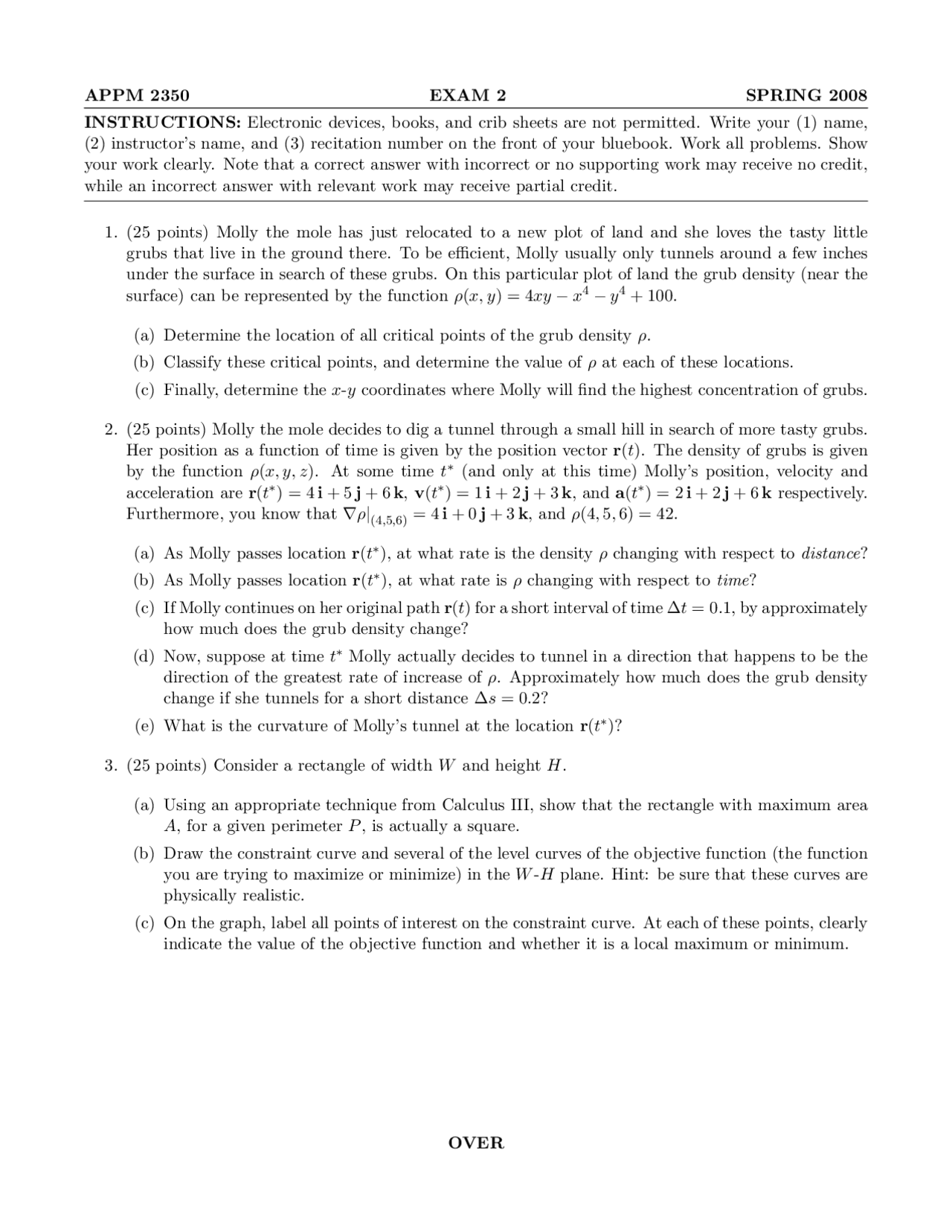 Highest Concentration - Calculus Three - Exam - Docsity