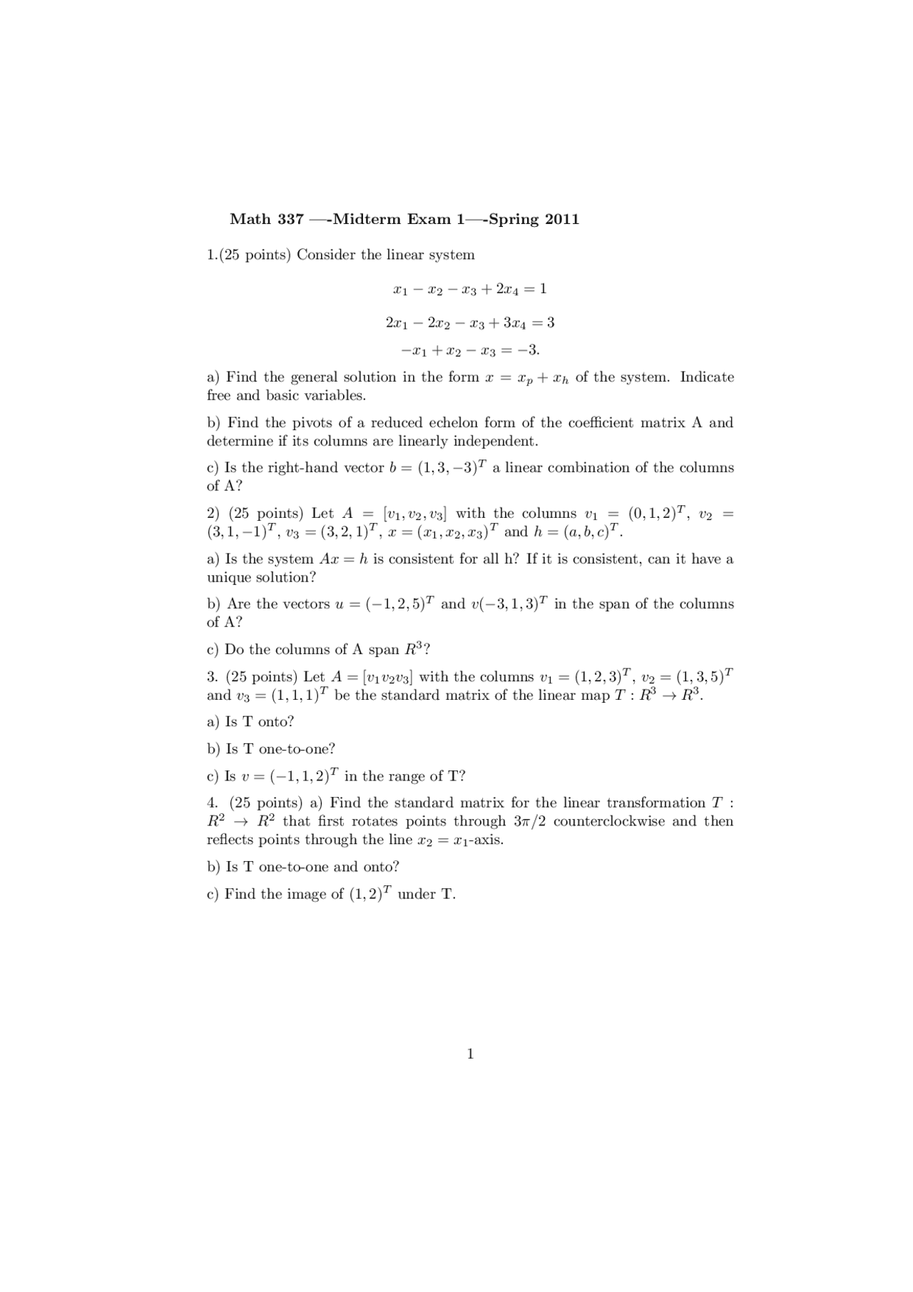 General Solution Linear Algebra Exam Docsity