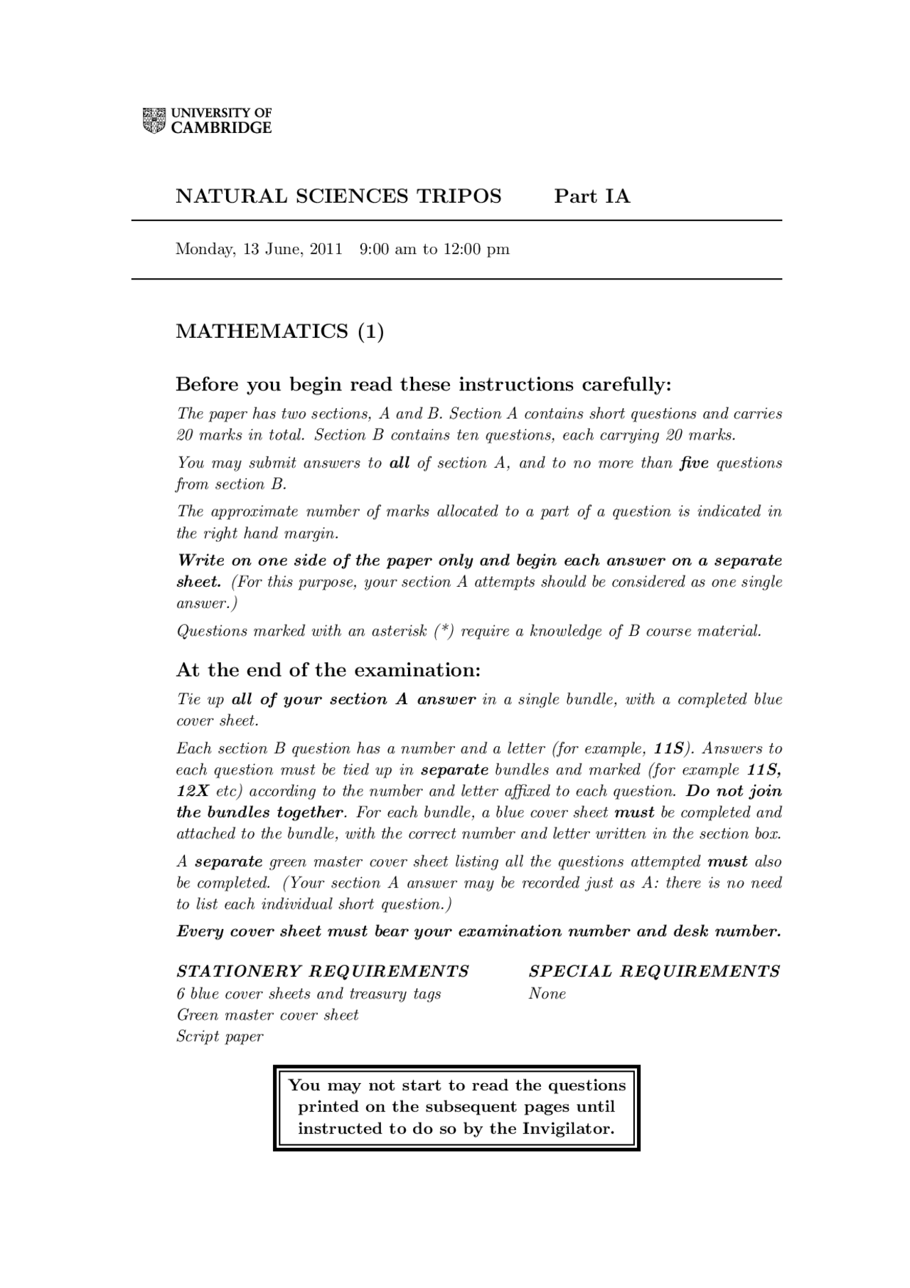 Natural Sciences IA, Paper 1 Mathematics Exam | Exams Mathematics | Docsity