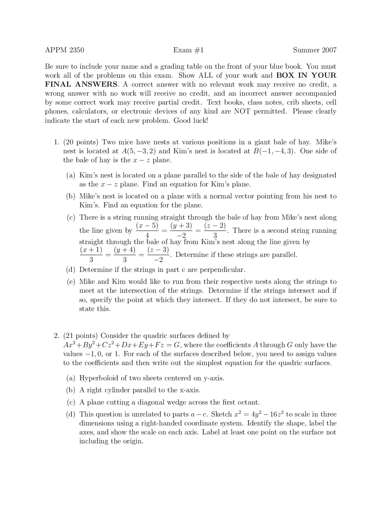 Various Positions Calculus Three Exam Docsity