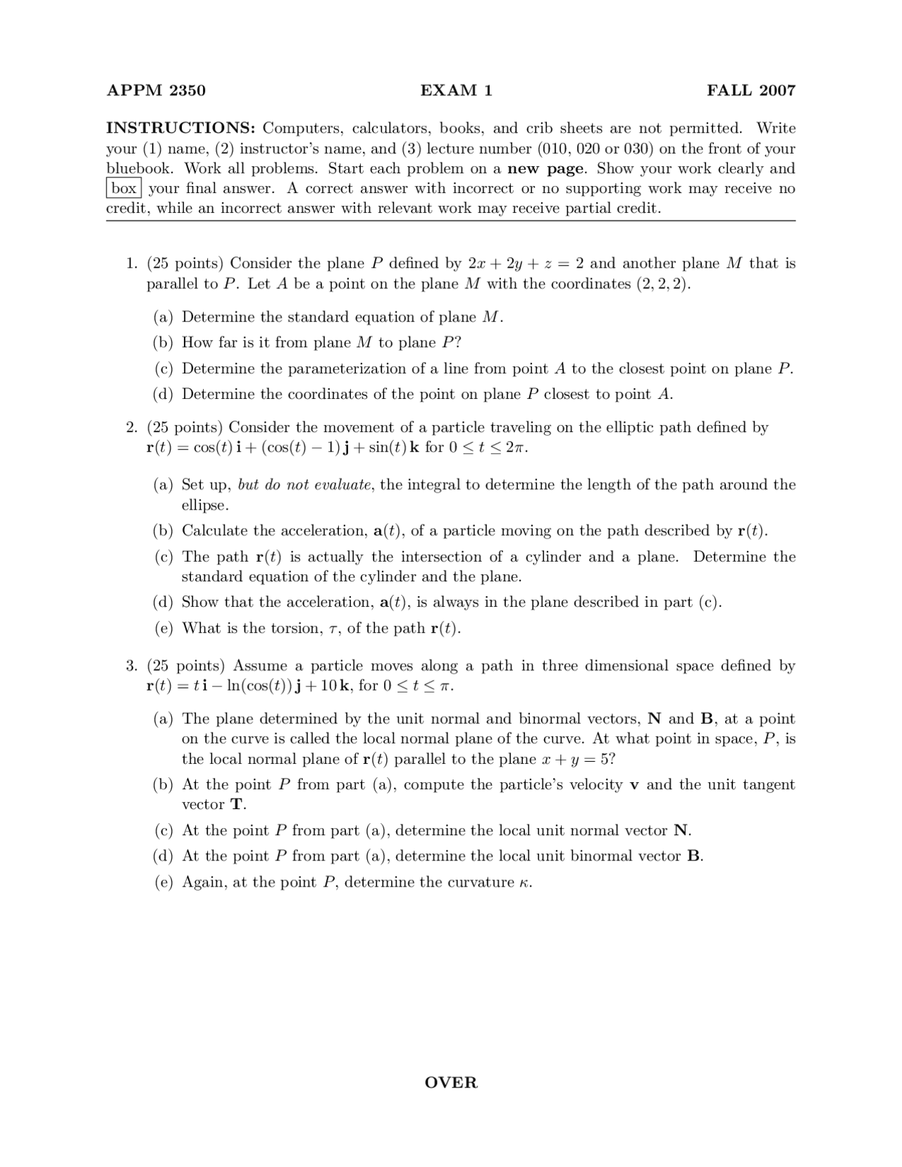 Plane Calculus Three Exam Docsity