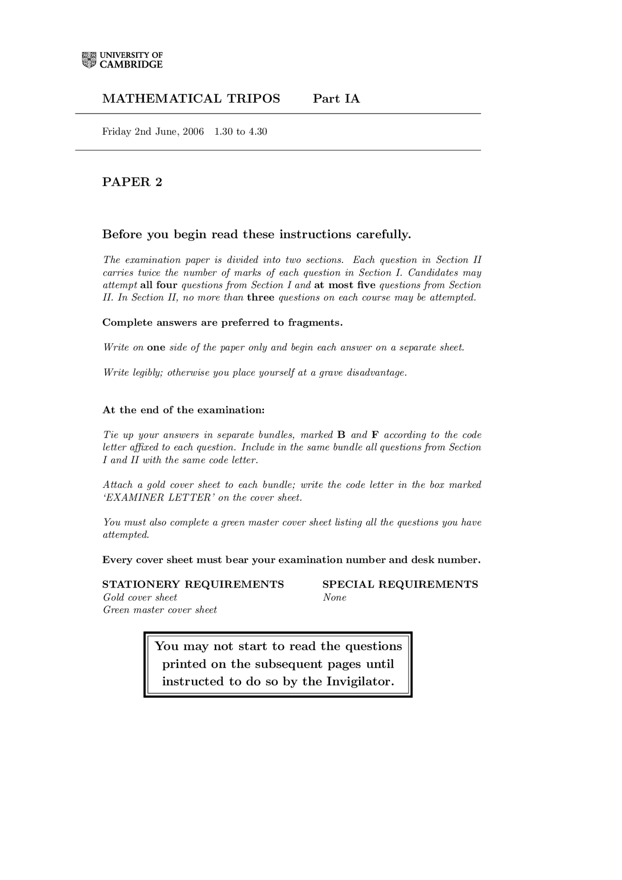 Mathematical Tripos Paper 2 for Part IA, 2006 | Exams Mathematics | Docsity