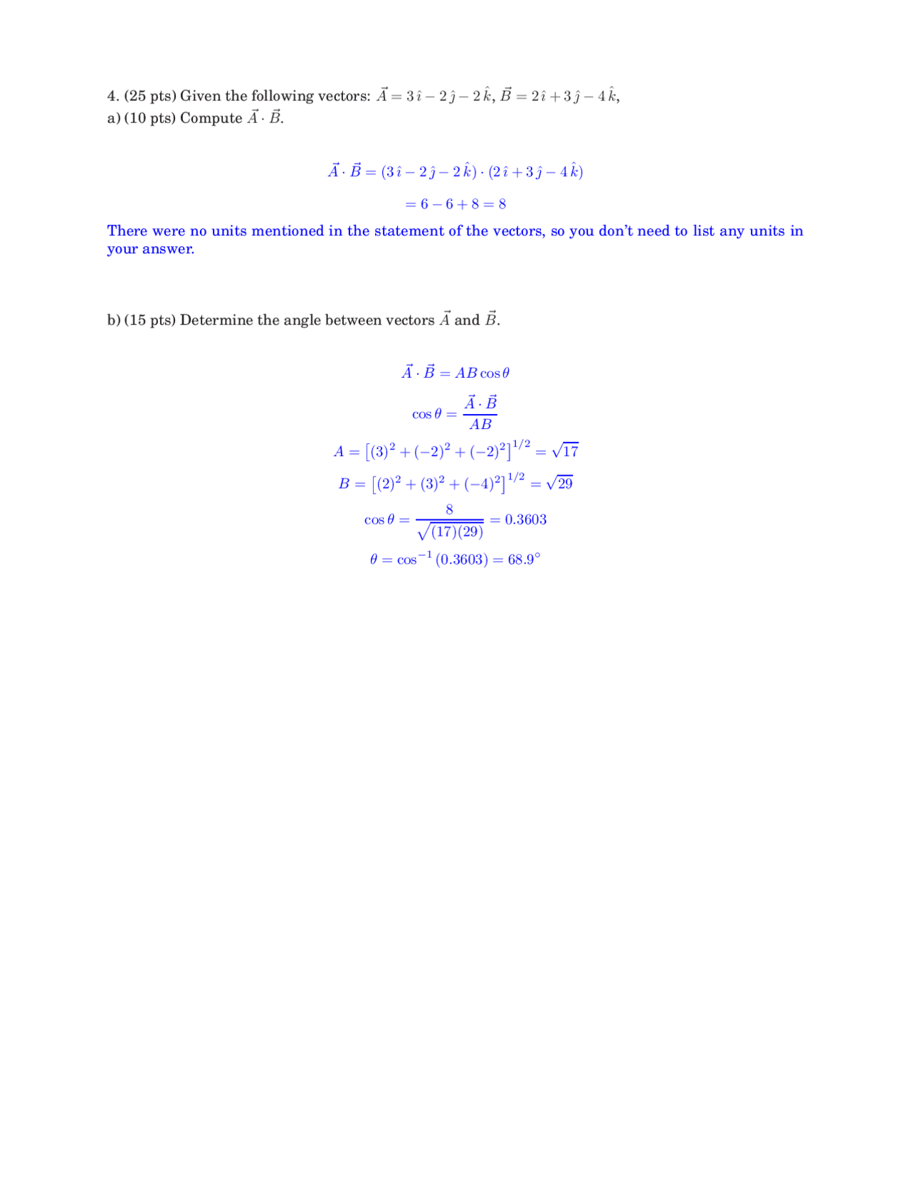 Angle Between Vectors General Physics Solved Past Paper Docsity