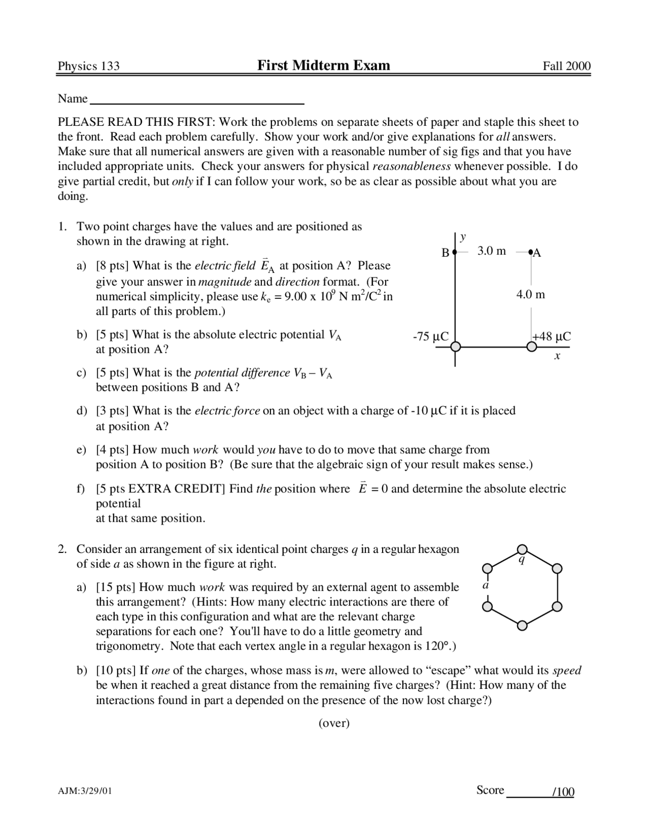 Electric Field General Physics Past Paper Docsity