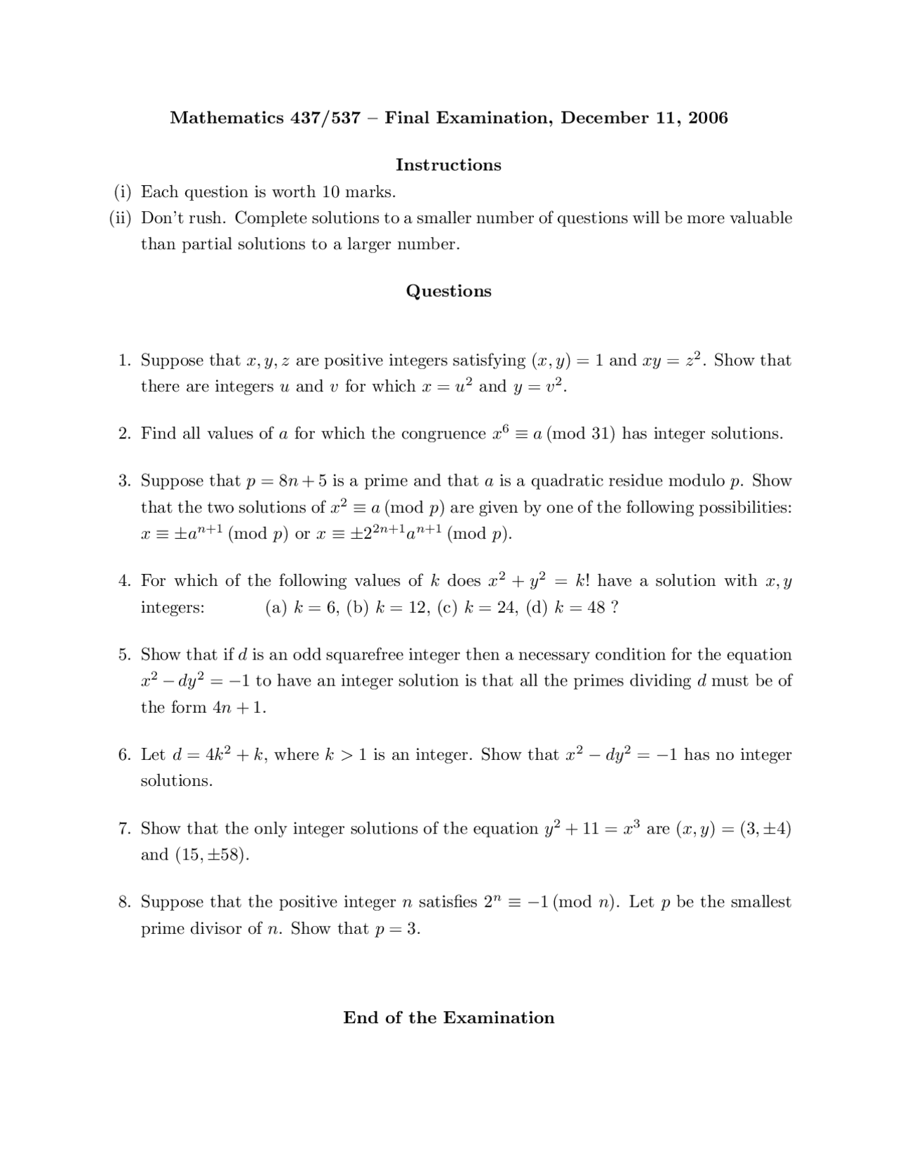 Integers Satisfying - Number Theory - Exam - Docsity