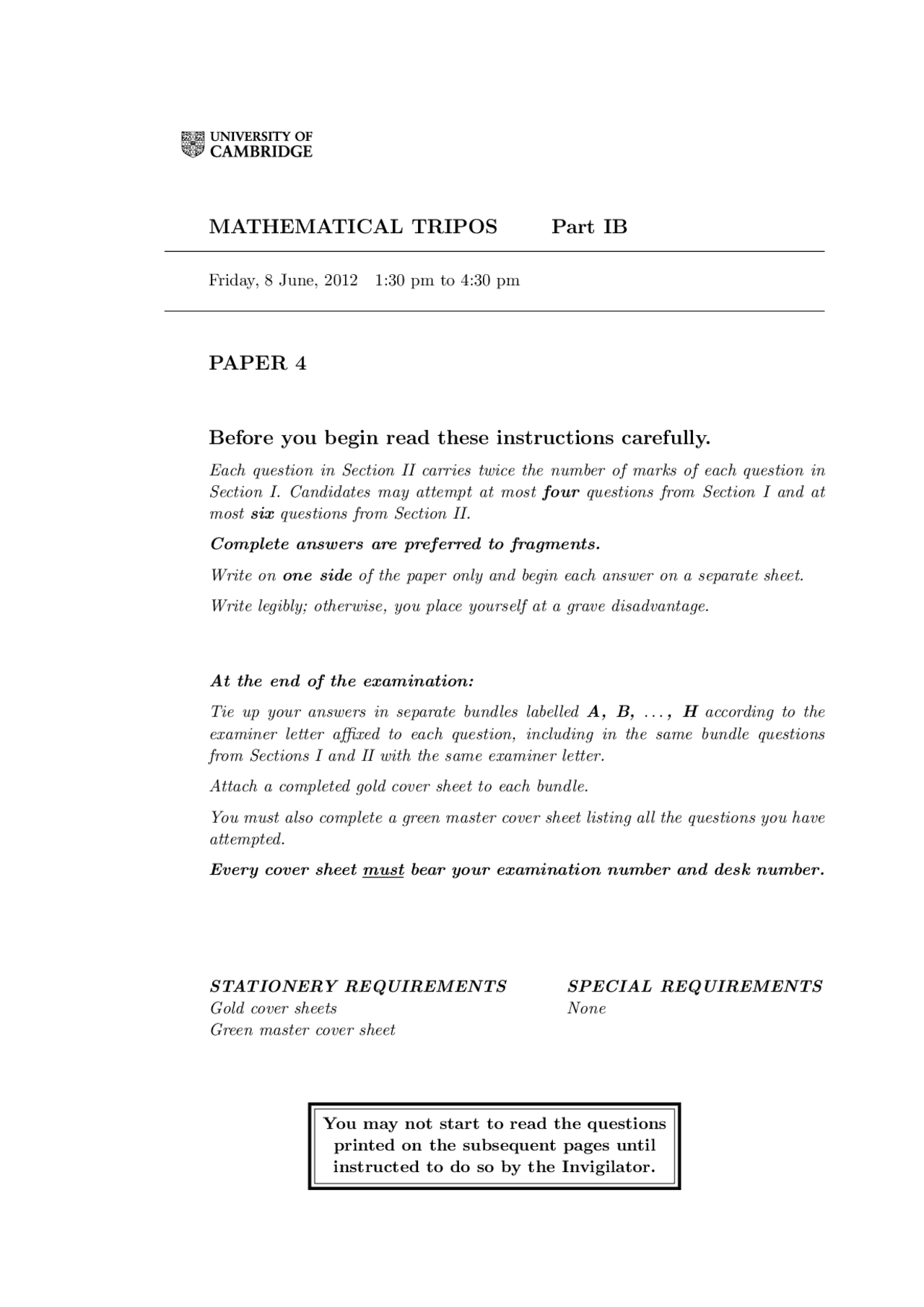 Mathematical Tripos Part IB Paper 4 Exam Questions | Exams Mathematics ...