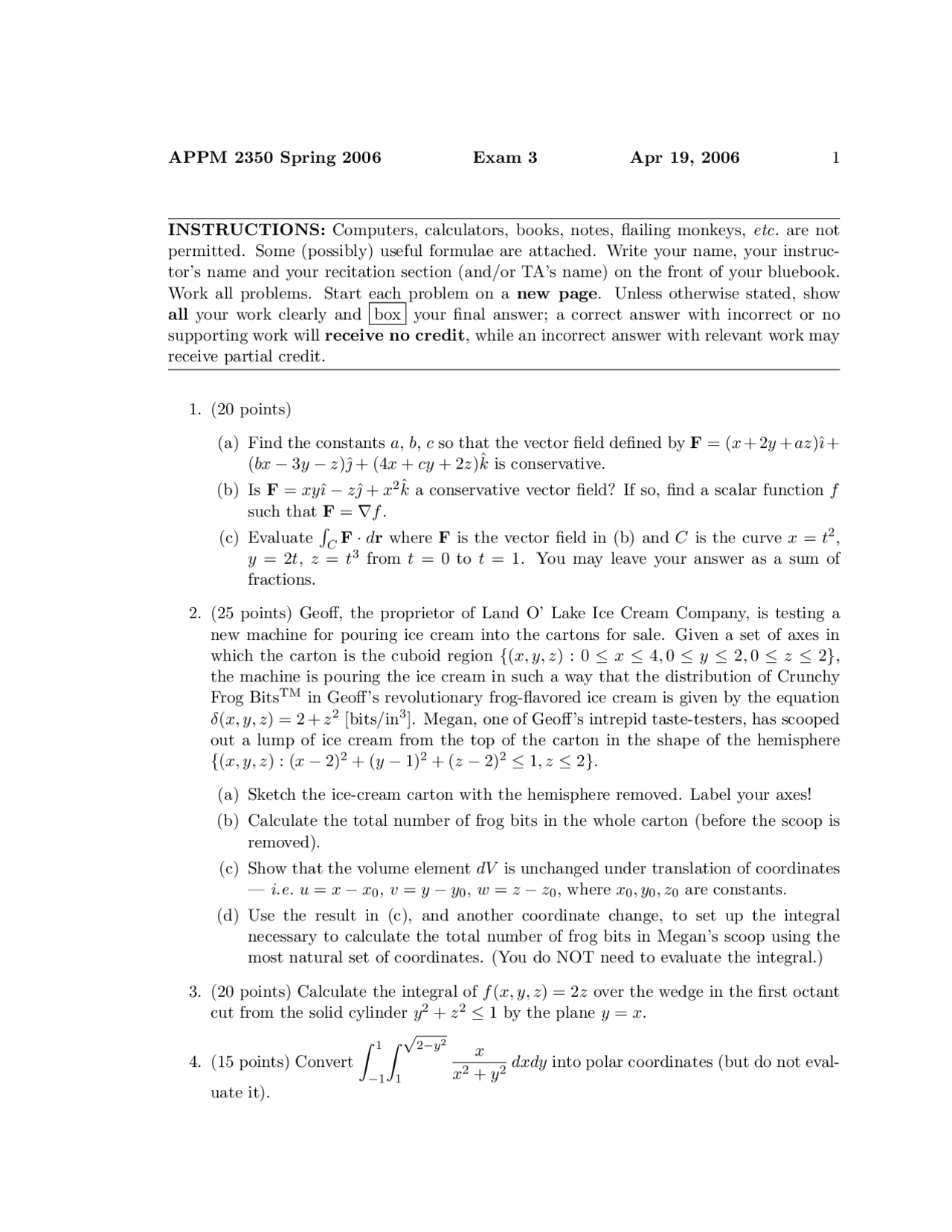 Constants - Calculus Three - Exam - Docsity