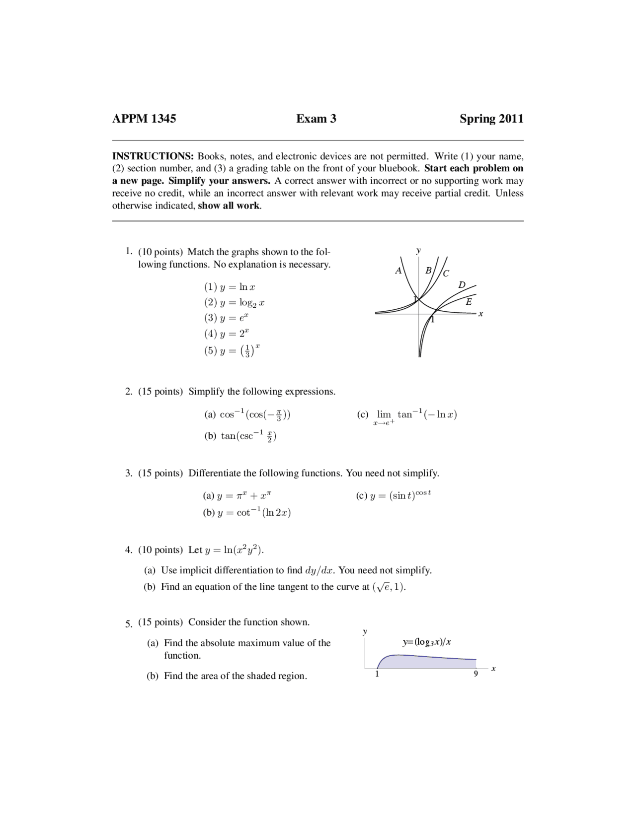 Shaded Region Calculus One Exam Docsity