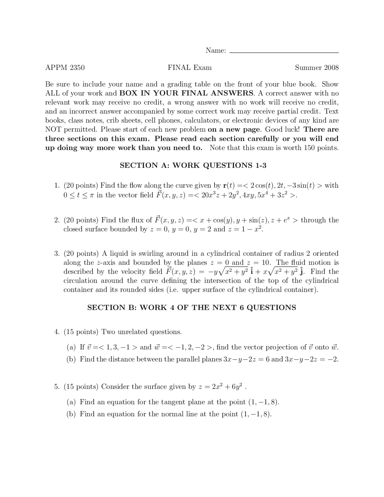 Vector Field Calculus Three Exam Docsity