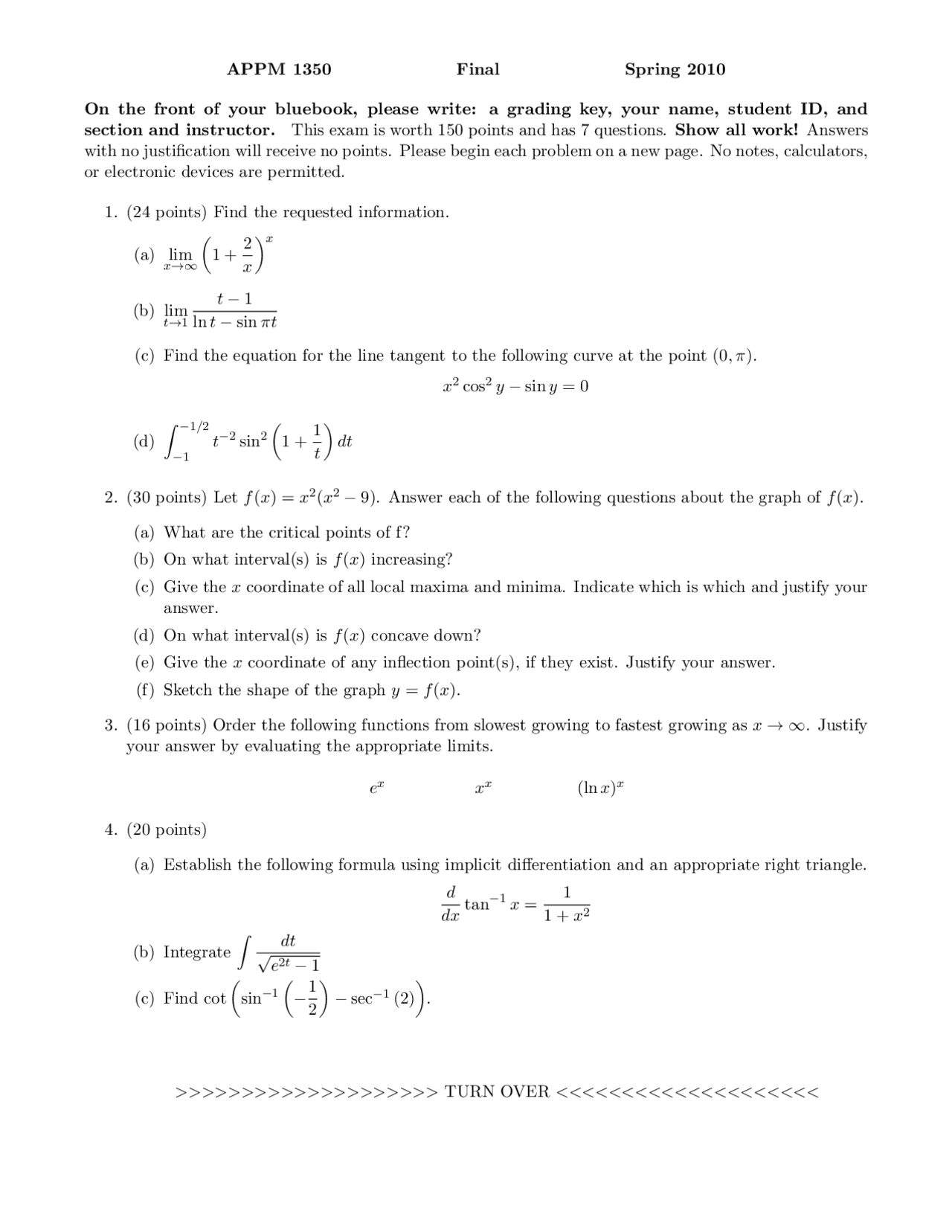 Evaluating Calculus One For Engineers Exam Docsity