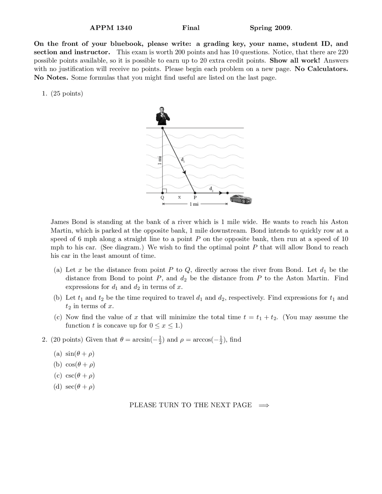 Standing Calculus One Exam Docsity