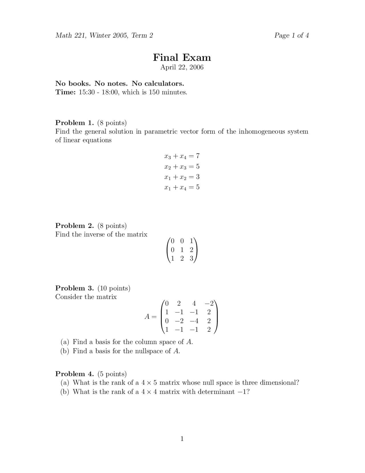 Parametric Vector Matrix Algebra Exam Docsity