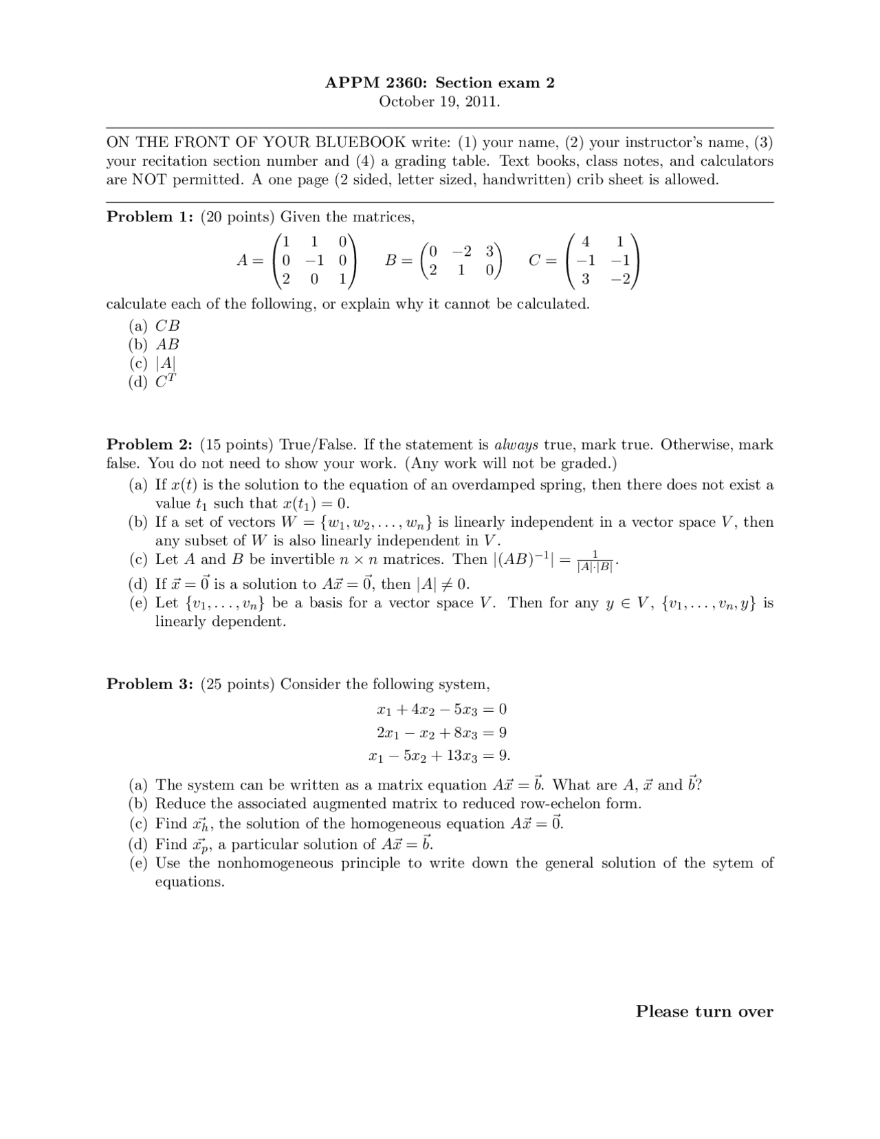 Section Exam 2 for APPM 2360: Linear Algebra Problems | Exams Linear Algebra | Docsity