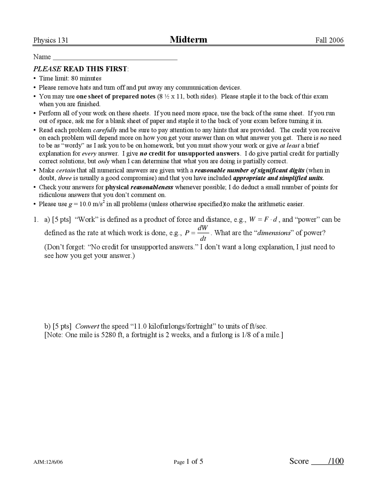 Product of Force and Distance - General Physics - Past Paper - Docsity